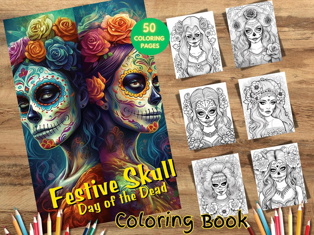 50 Day of the Dead Beauties Coloring Book, Printable Skull Women Art ...