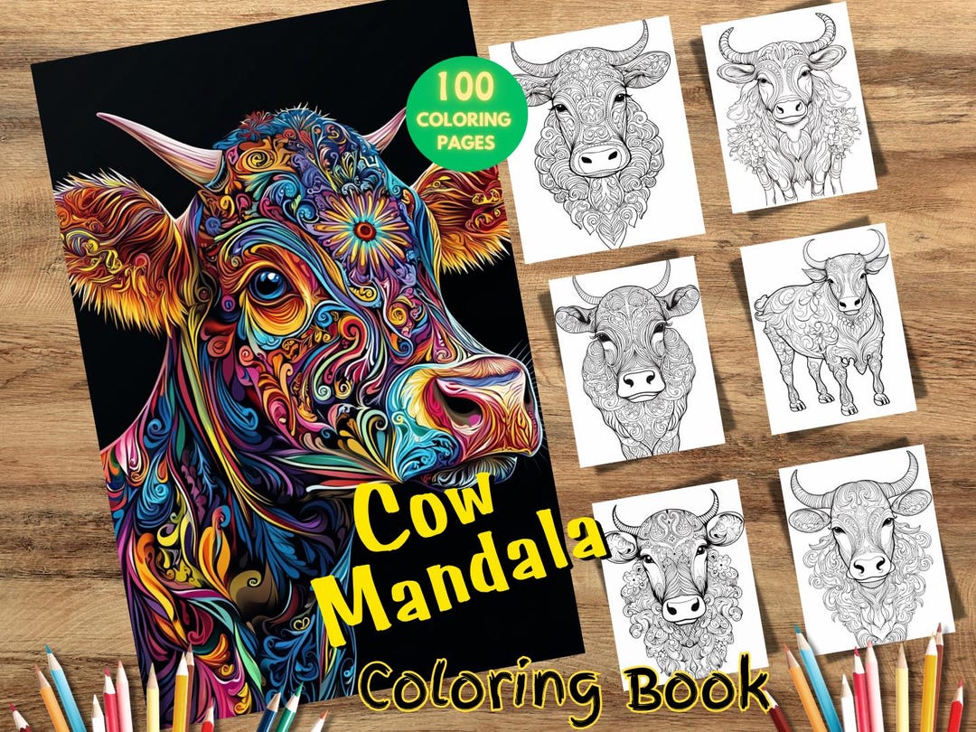 100 Cow Mandala Coloring Book, Printable Grayscale Farm Animal Mandalas ...