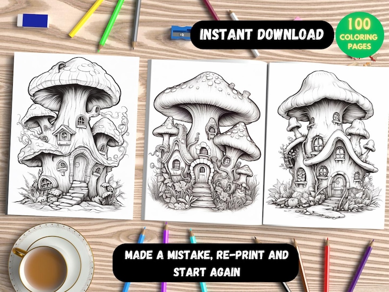 100 Enchanted Mushroom Forest Coloring Book, Printable Magical Pages ...