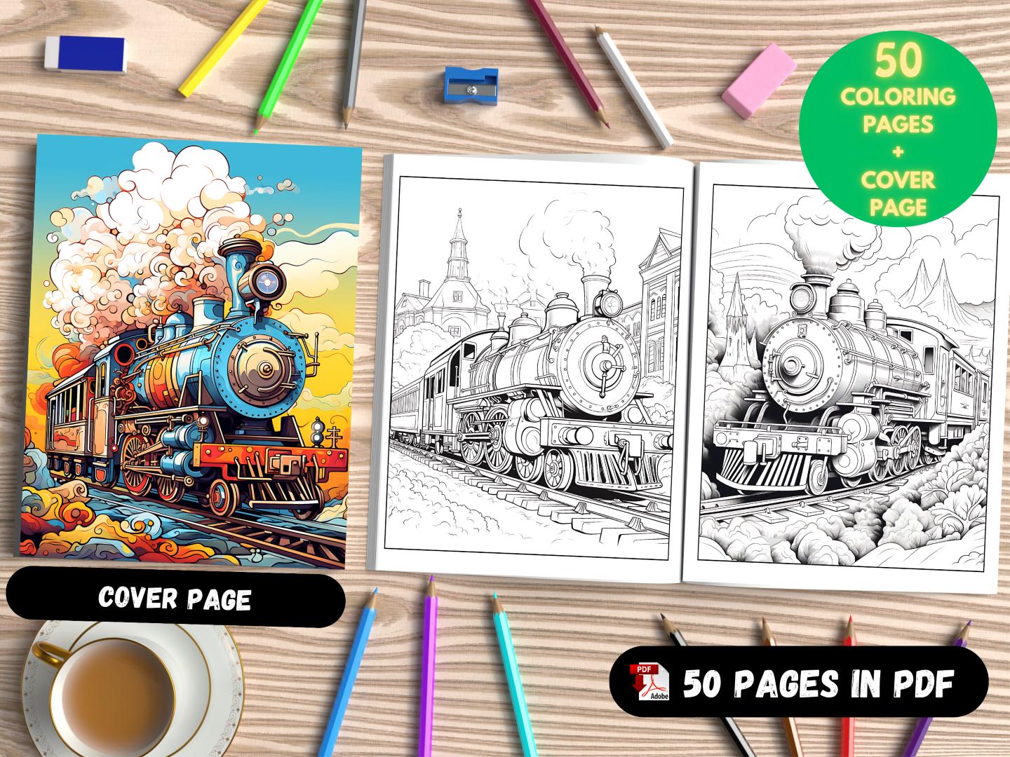 50 Steam Train Engines Coloring Book, Vintage Locomotive Illustrations ...