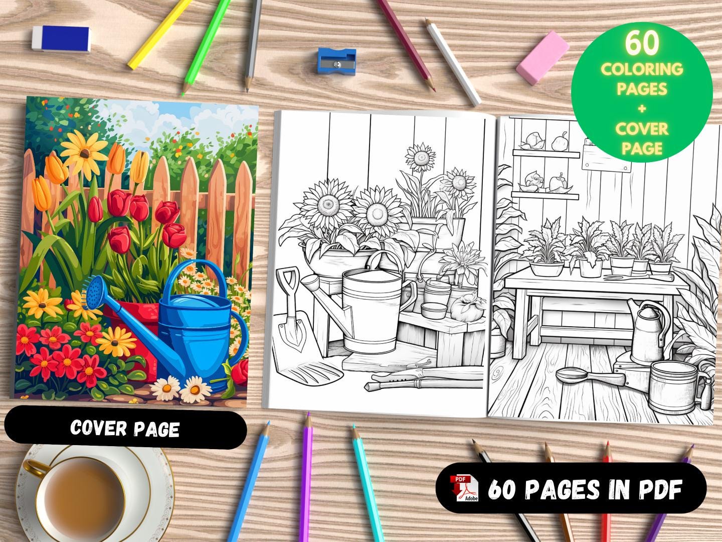 60 Gardening Coloring Book, Printable Garden Therapy Pages, Botanical ...
