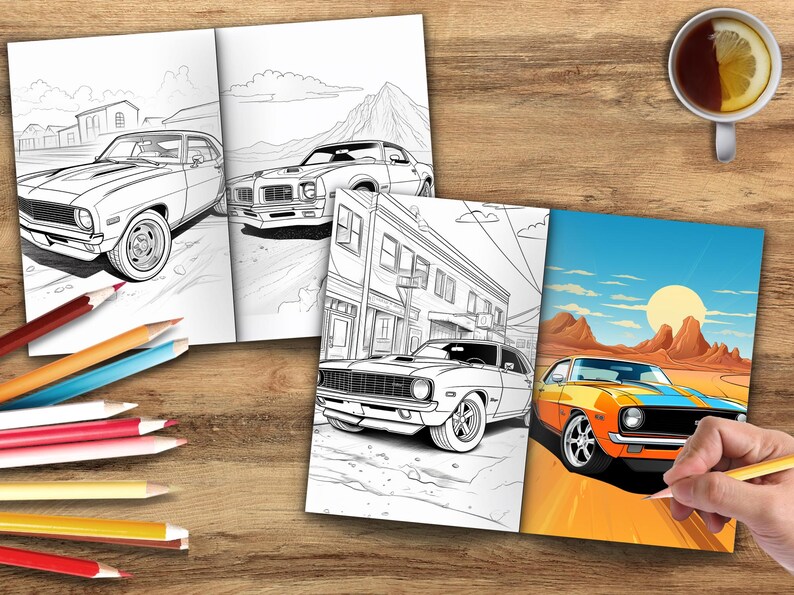 60 Muscle Car Coloring Book, Printable American Muscle Car, Grayscale ...