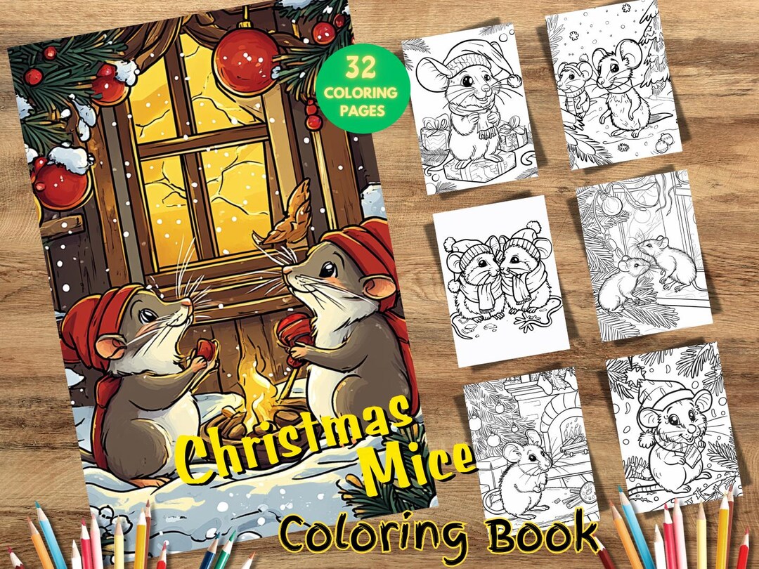 32 Christmas Mice Coloring Book Pages, Cute Mice Holidays Grayscale ...