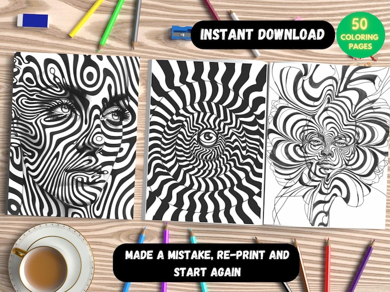 50 Optical Illusion Coloring Book, Printable Geometric Art, Mind ...
