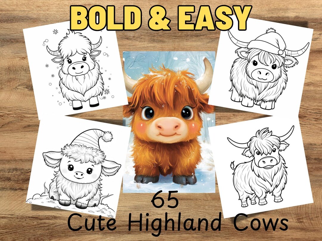 Bold and Easy Coloring Book, Cute Highland Cows, Printable Grayscale ...