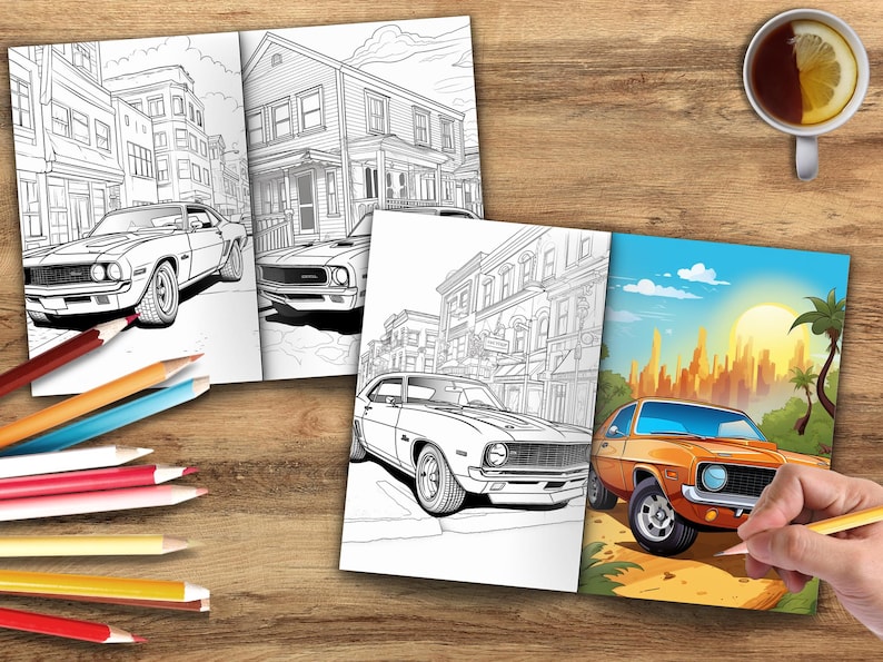 60 Muscle Car Coloring Book, Printable American Muscle Car, Grayscale ...