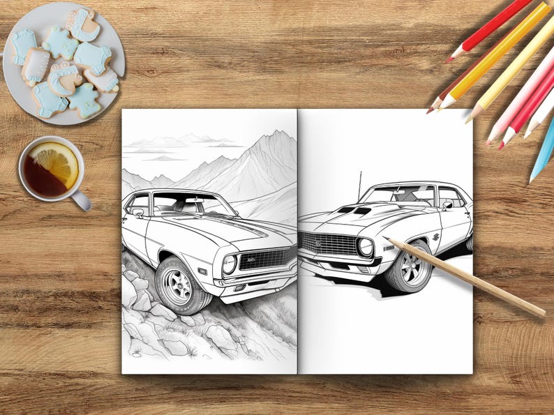 60 Muscle Car Coloring Book, Printable American Muscle Car, Grayscale ...