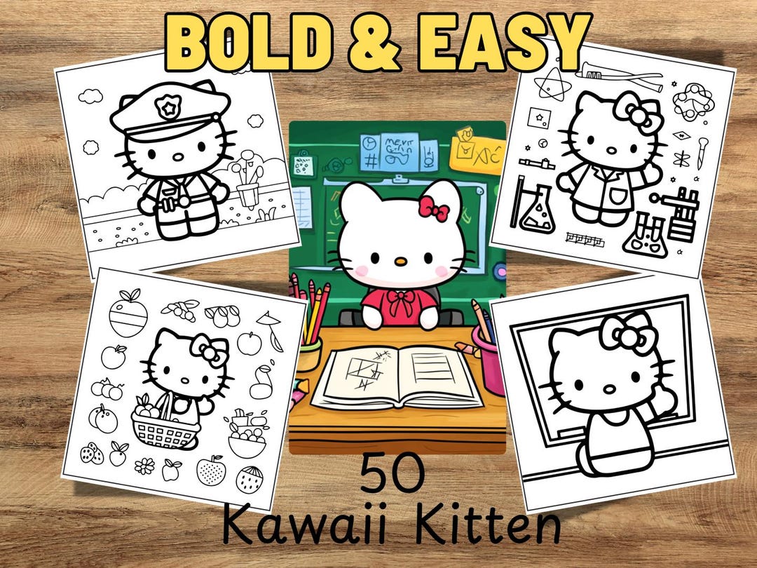 Bold and Easy Kawaii Kitten Coloring Book Digital Download - 50 Pages ...