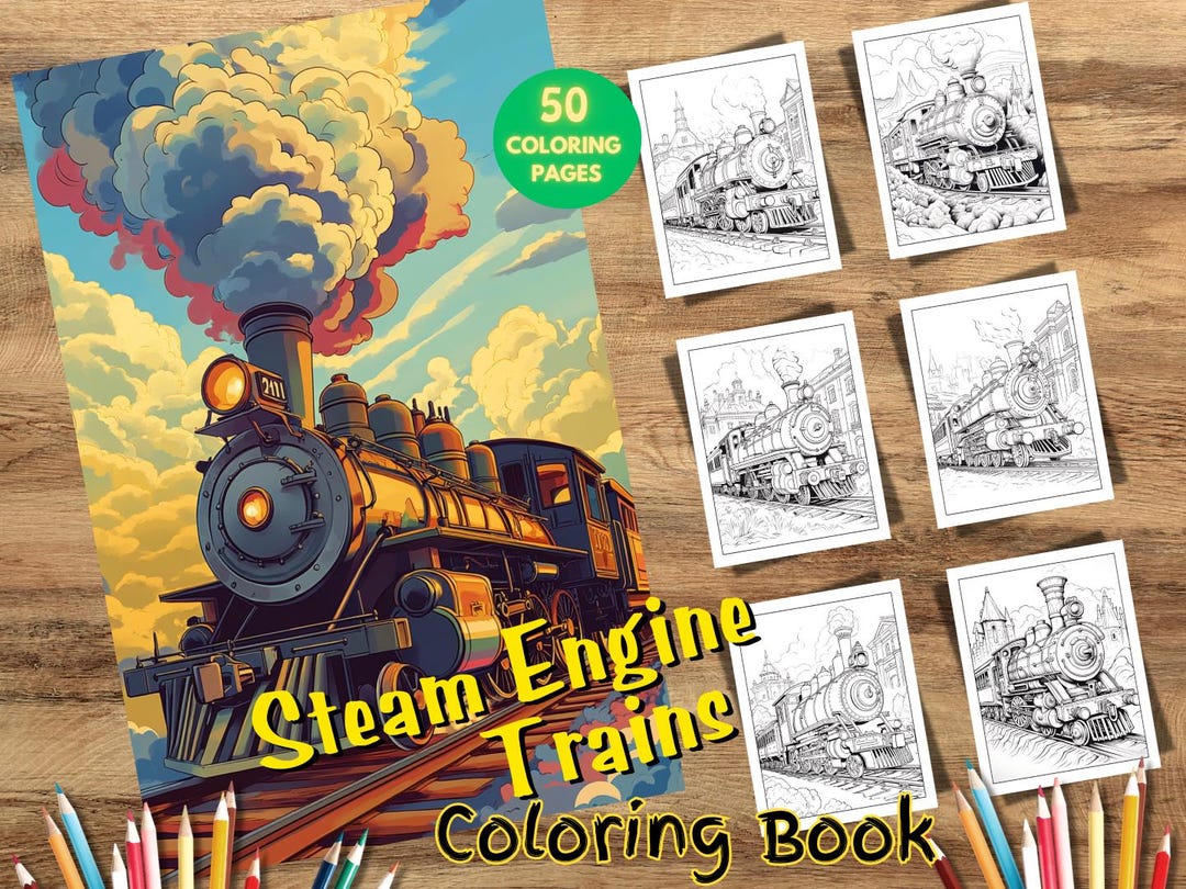 50 Steam Train Engines Coloring Book, Vintage Locomotive Illustrations ...