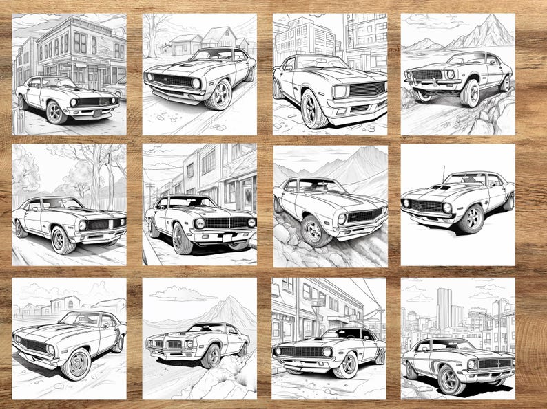 60 Muscle Car Coloring Book, Printable American Muscle Car, Grayscale ...