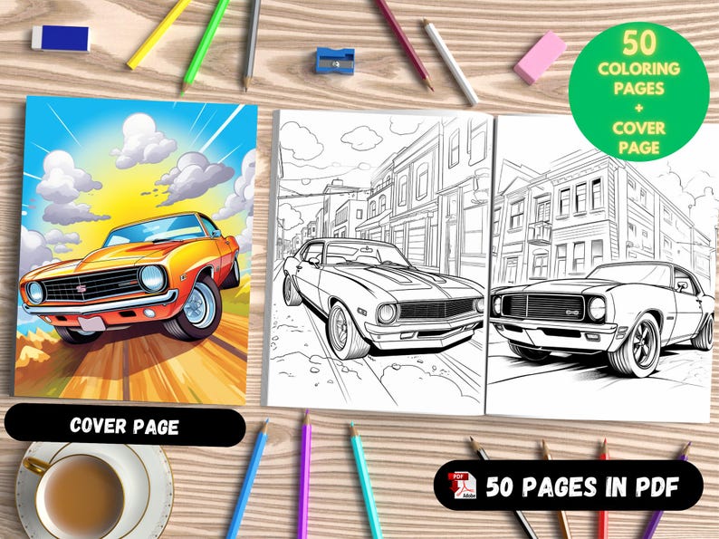 60 Muscle Car Coloring Book, Printable American Muscle Car, Grayscale ...