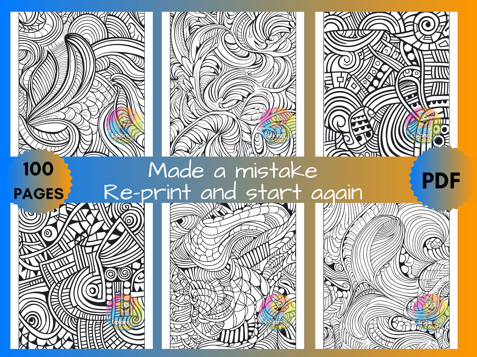 100 Zentangle Patterns Art Coloring Book, Printable Coloring Pages for ...