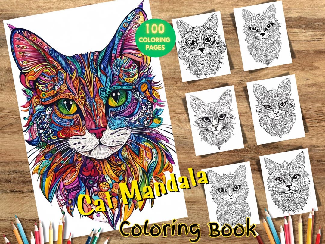 100 Cat Mandala Coloring Book, Printable PDF With Intricate Feline ...