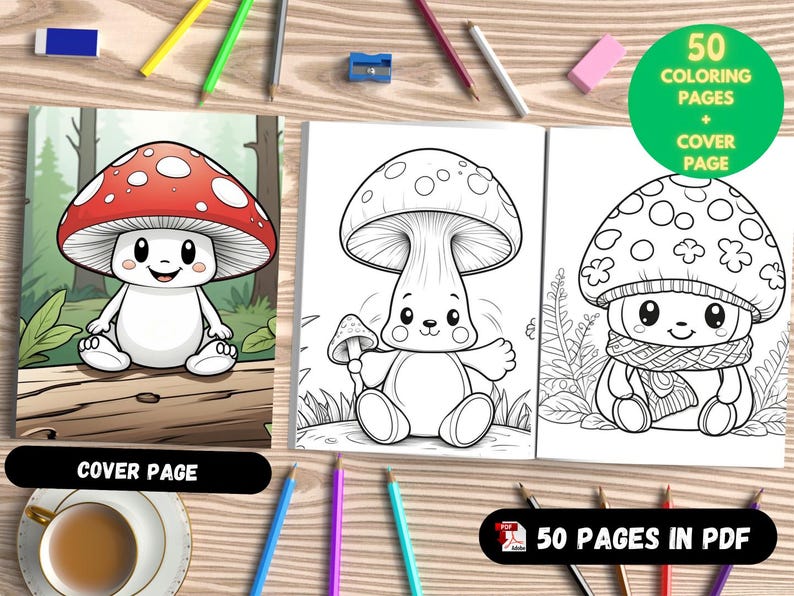 Bold and Easy Coloring Book, Cute Kawaii Mushroom Coloring Pages ...