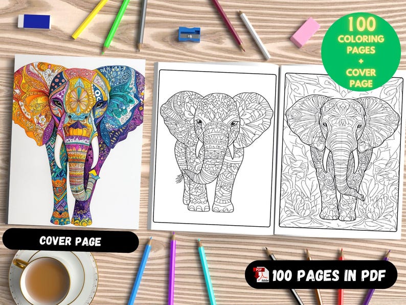 100 Elephant Mandala Coloring Book, Printable Wildlife Designs ...
