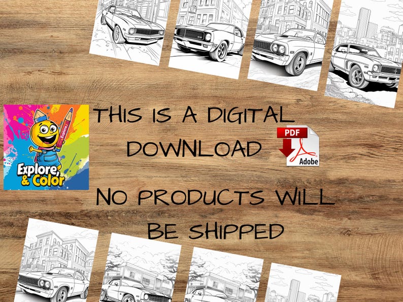 60 Muscle Car Coloring Book, Printable American Muscle Car, Grayscale ...