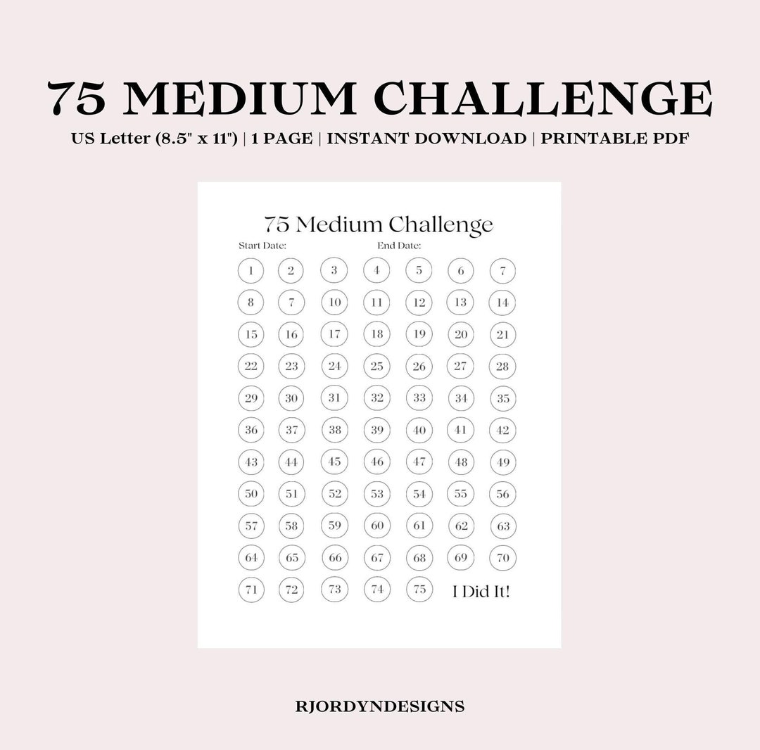 75 Medium Challenge Printable | 75 Medium Challenge Tracker | 75 Day ...