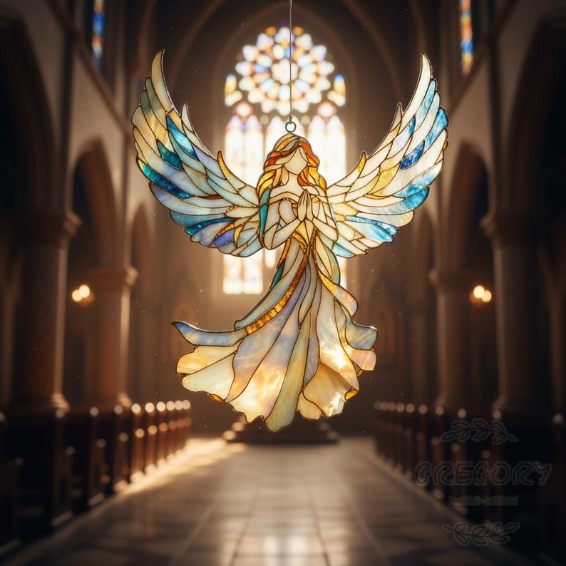 Praying Angel 3D Effect Acrylic Suncatcher, Iridescent Blue-gold Window ...