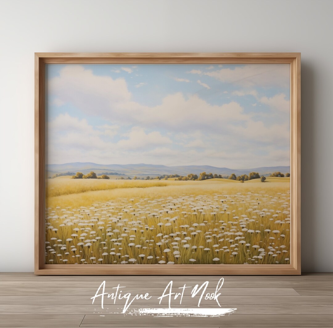Yellow Field of Flowers Print, Printable Vintage Landscape, Antique ...