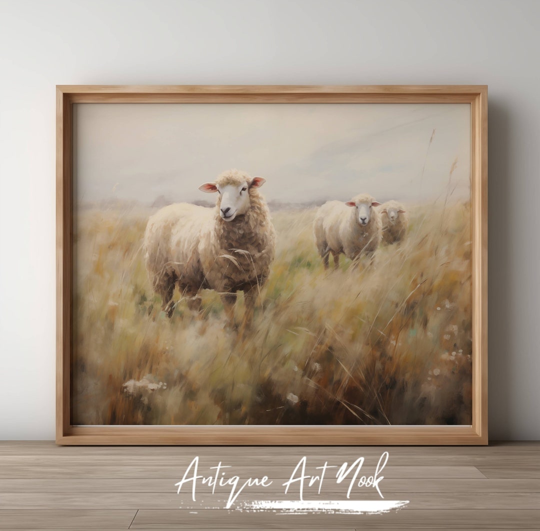 Vintage Sheep Oil Painting Style Digital Print, Peaceful Sheep Grazing ...