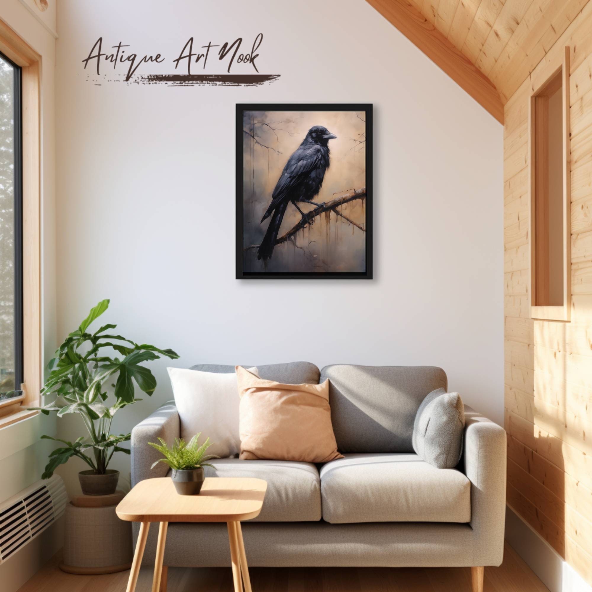 Vintage Crow on Branch, Classic Printable Oil Painting, Rustic Black ...