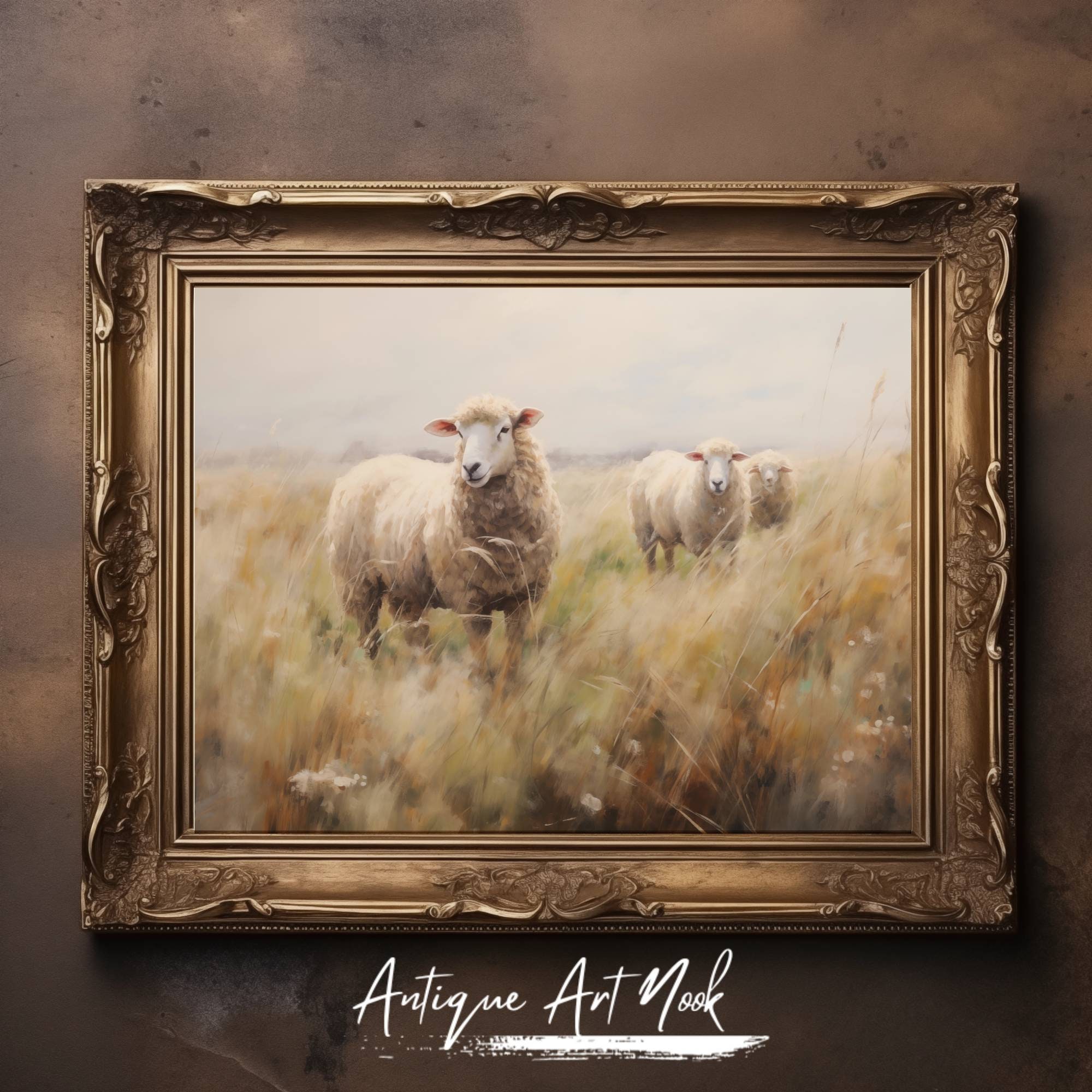 Vintage Sheep Oil Painting Style Digital Print, Peaceful Sheep Grazing ...