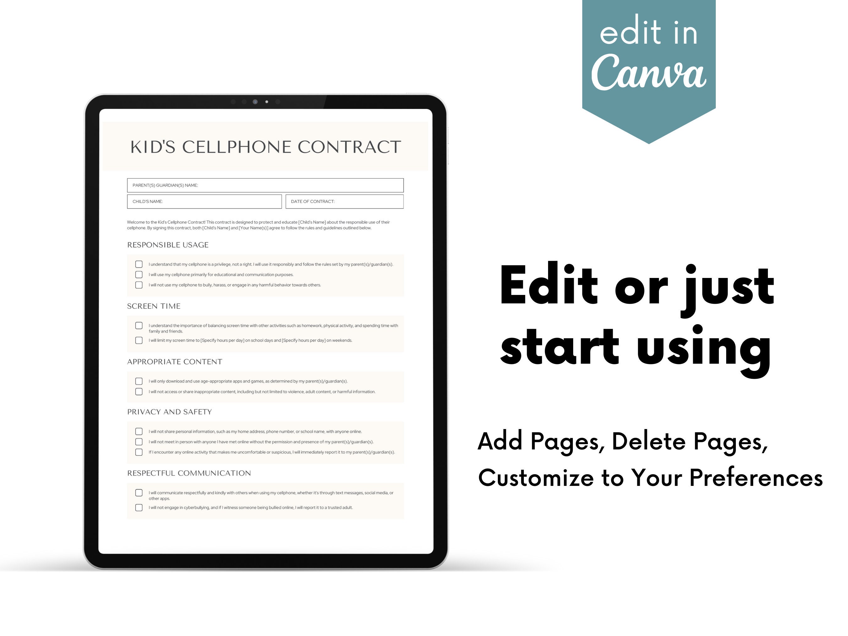 Kid's Cellphone Contract Template for Canva Editable - Etsy