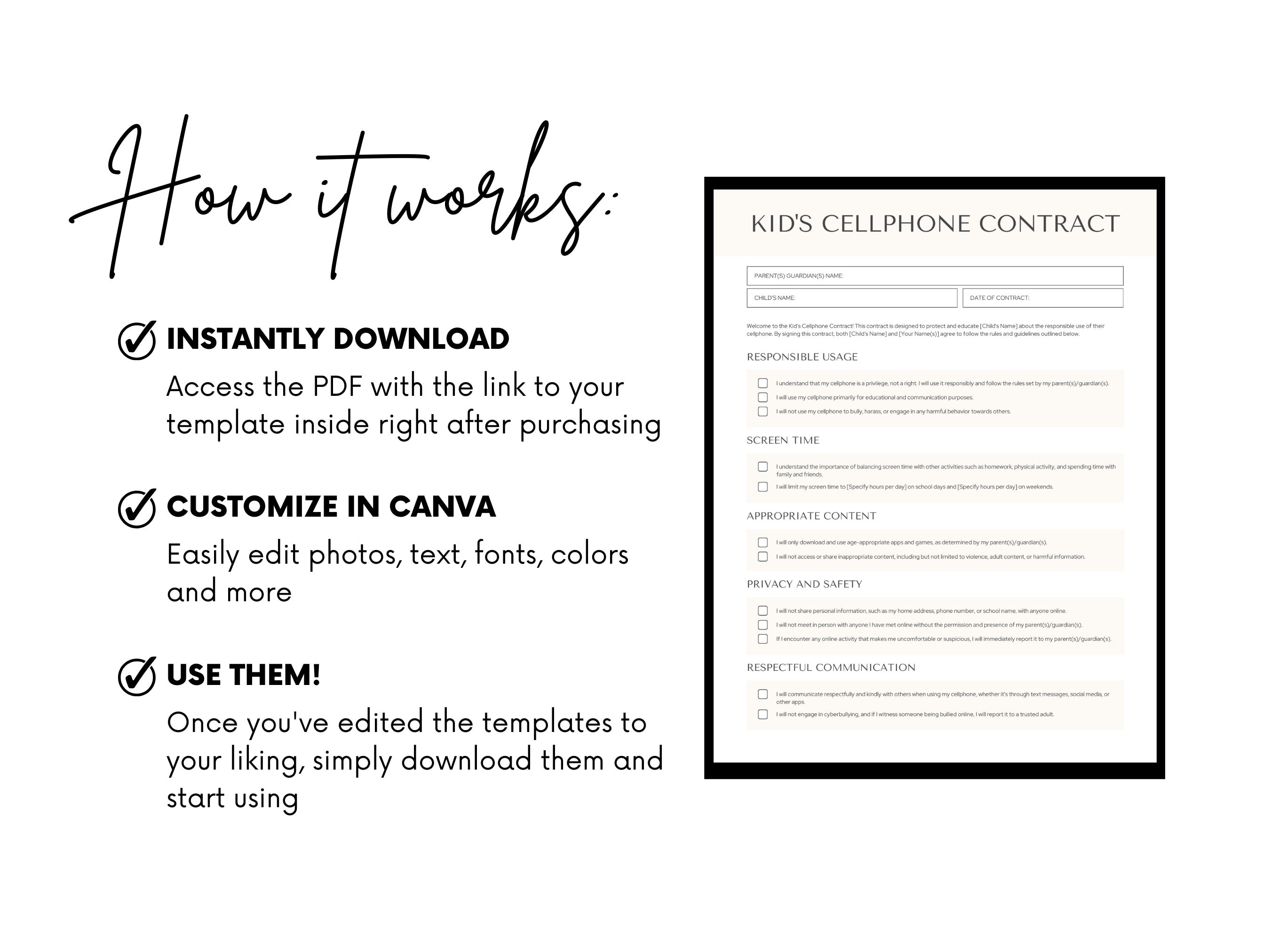 Kid's Cellphone Contract Template for Canva Editable - Etsy