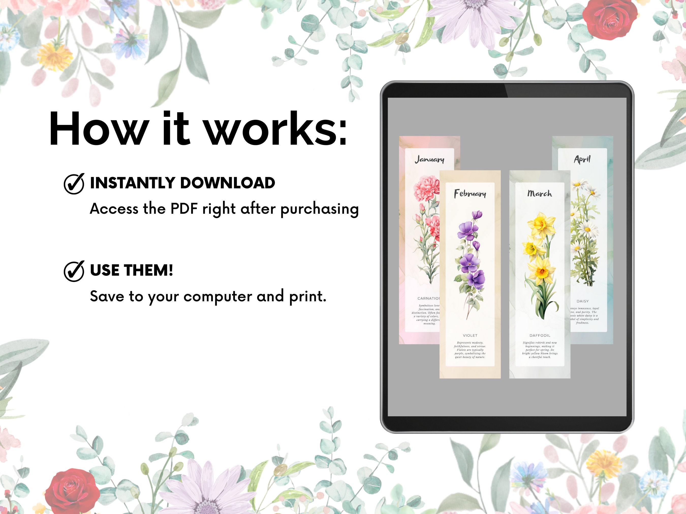 12 Birth Month Flower Bookmarks | Floral Bookmark Collection | Print ...