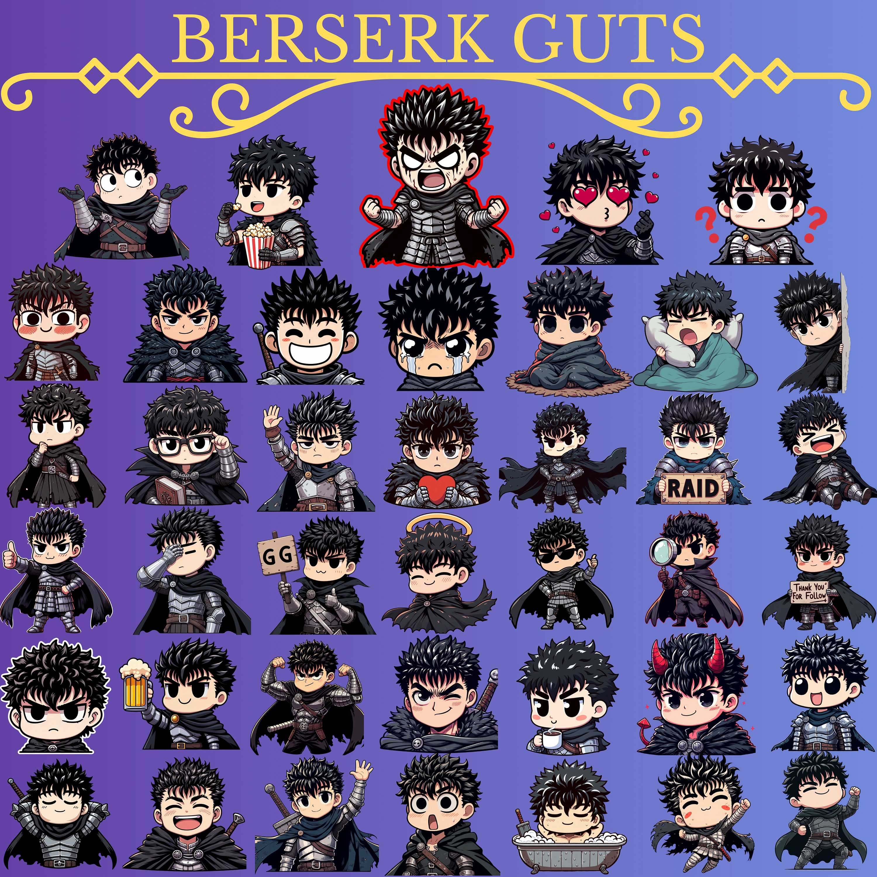 Berserk Guts 40 Emote Pack. Twitch, Discord, Stream Bundle, Love, Heart ...