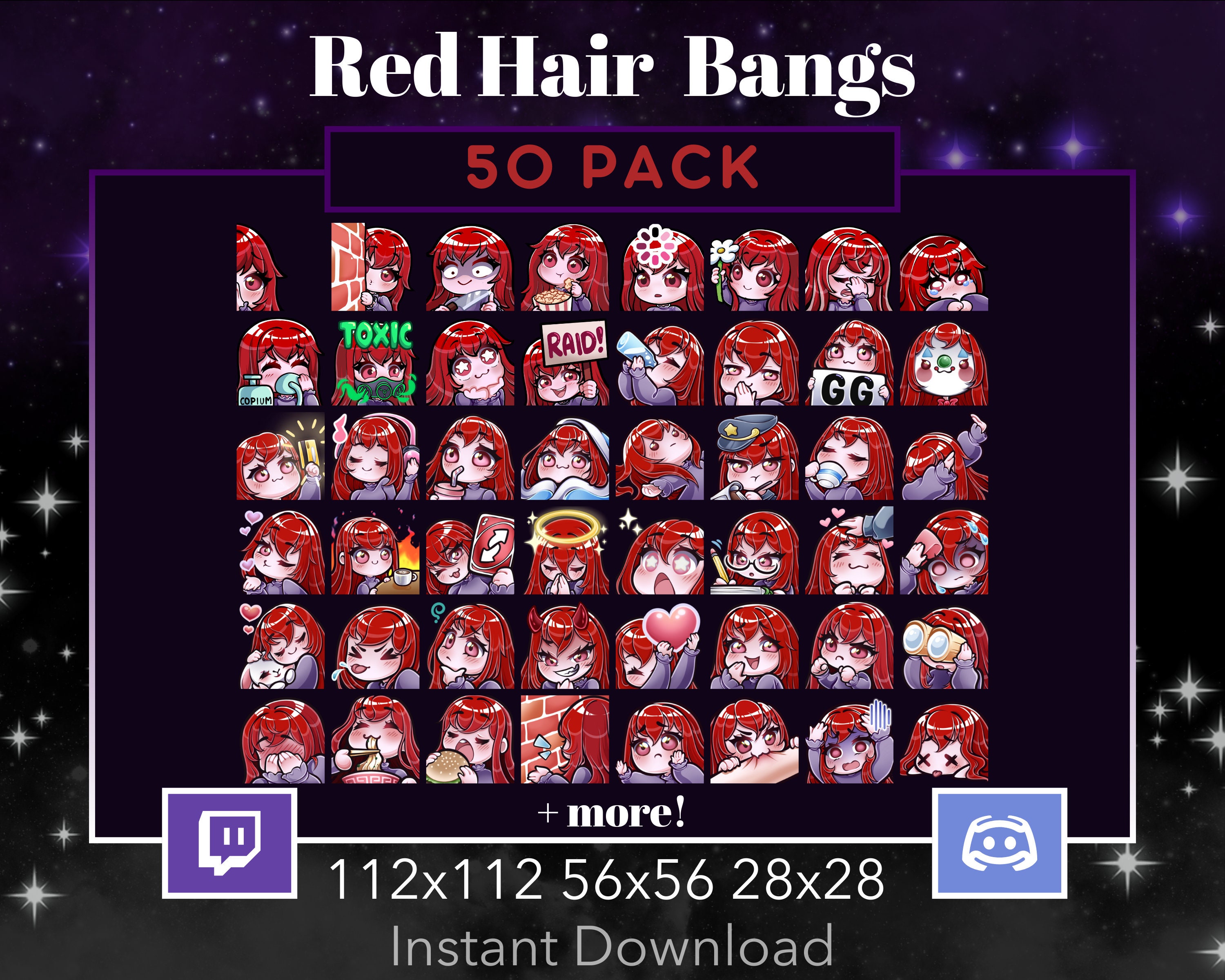 Chibi Girl 50 Pack Set Emote, Twitch, Discord, Stream, Red Hair, Red ...