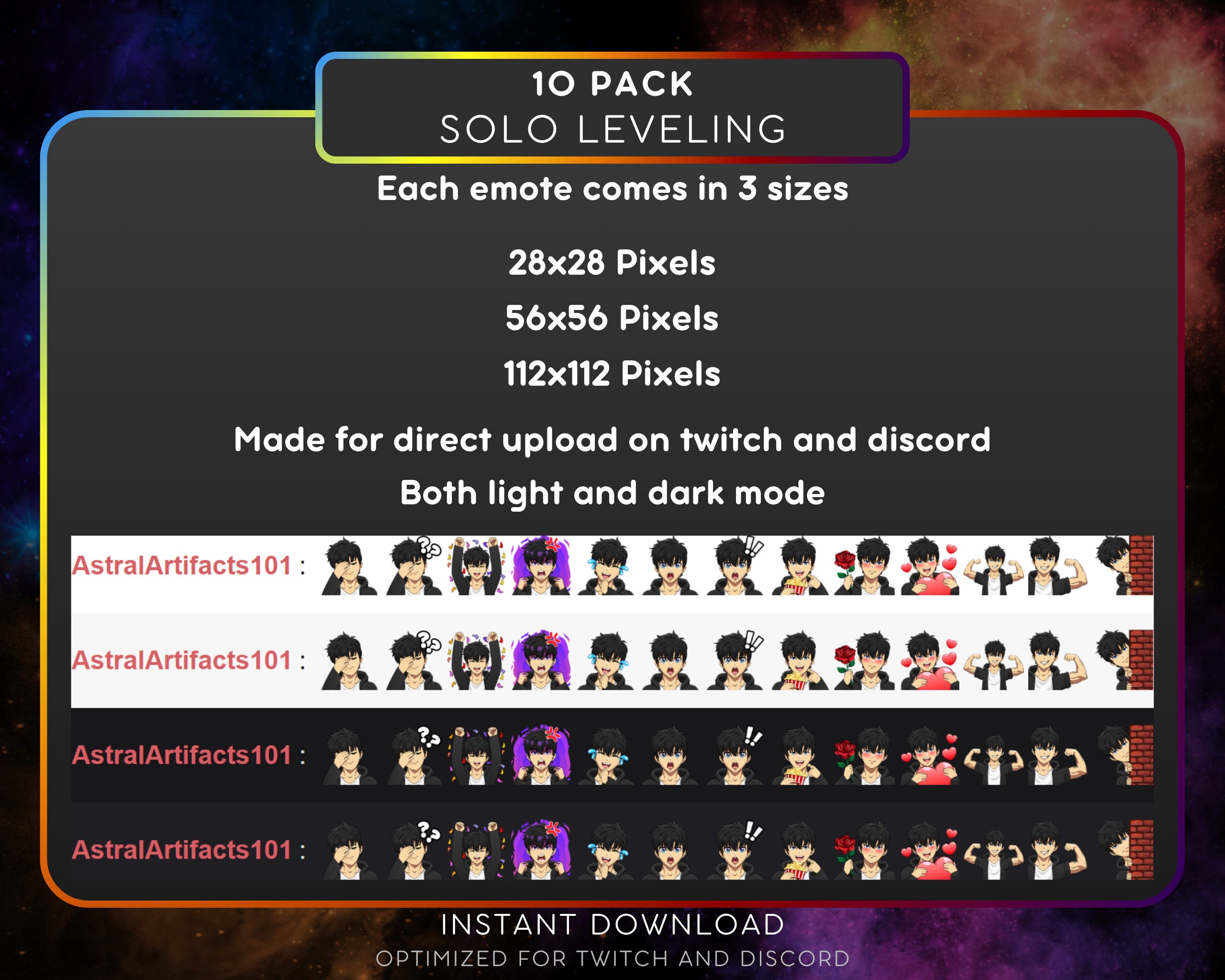 Solo Leveling Sung Jinwoo 10 Pack, Bundle. Emote, Twitch, Discord ...