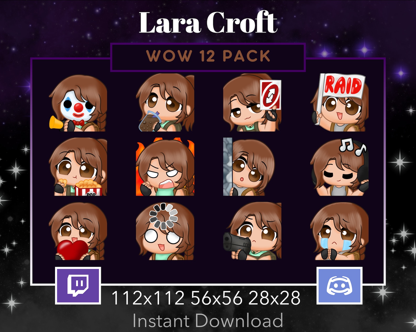 Lara Croft, Tomb Raider Emote 12 Pack Bundle Twitch Discord Uno Gun ...