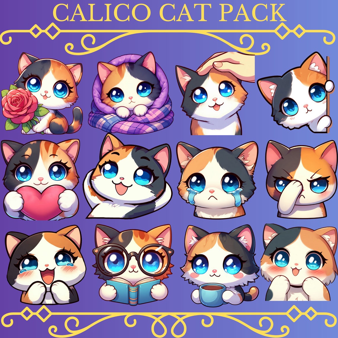 Calico Cat 12 Pack. Emote, Animal, Twitch, Discord, Youtube, Stream, Printable, Chibi, Happy ...
