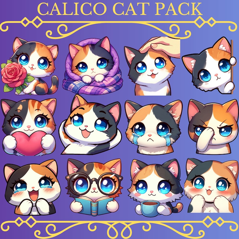 Calico Cat 12 Pack. Emote, Animal, Twitch, Discord, Youtube, Stream ...
