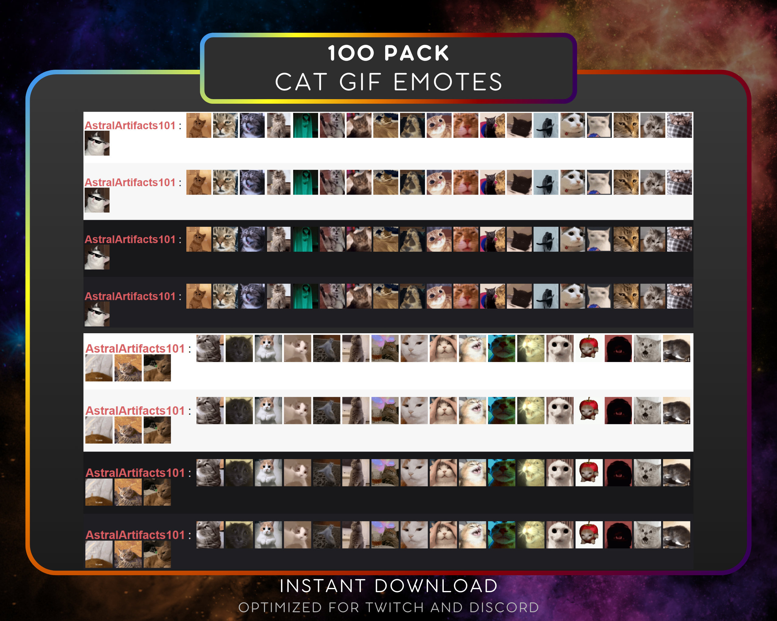 Lot de 100 animations Cat Meme, lot de 100. Emote, Twitch, Discord ...