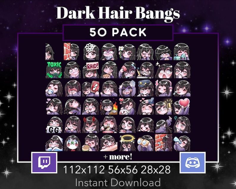 Chibi Girl 50 Pack Set Emote, Twitch, Discord, Stream, Dark Black Brown ...