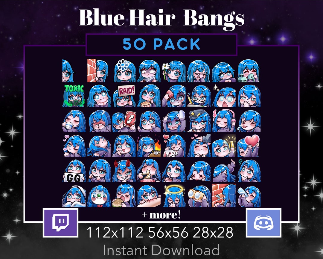 Chibi Girl 50 Pack Set Emote, Twitch, Discord, Stream, Blue Hair, Blue ...