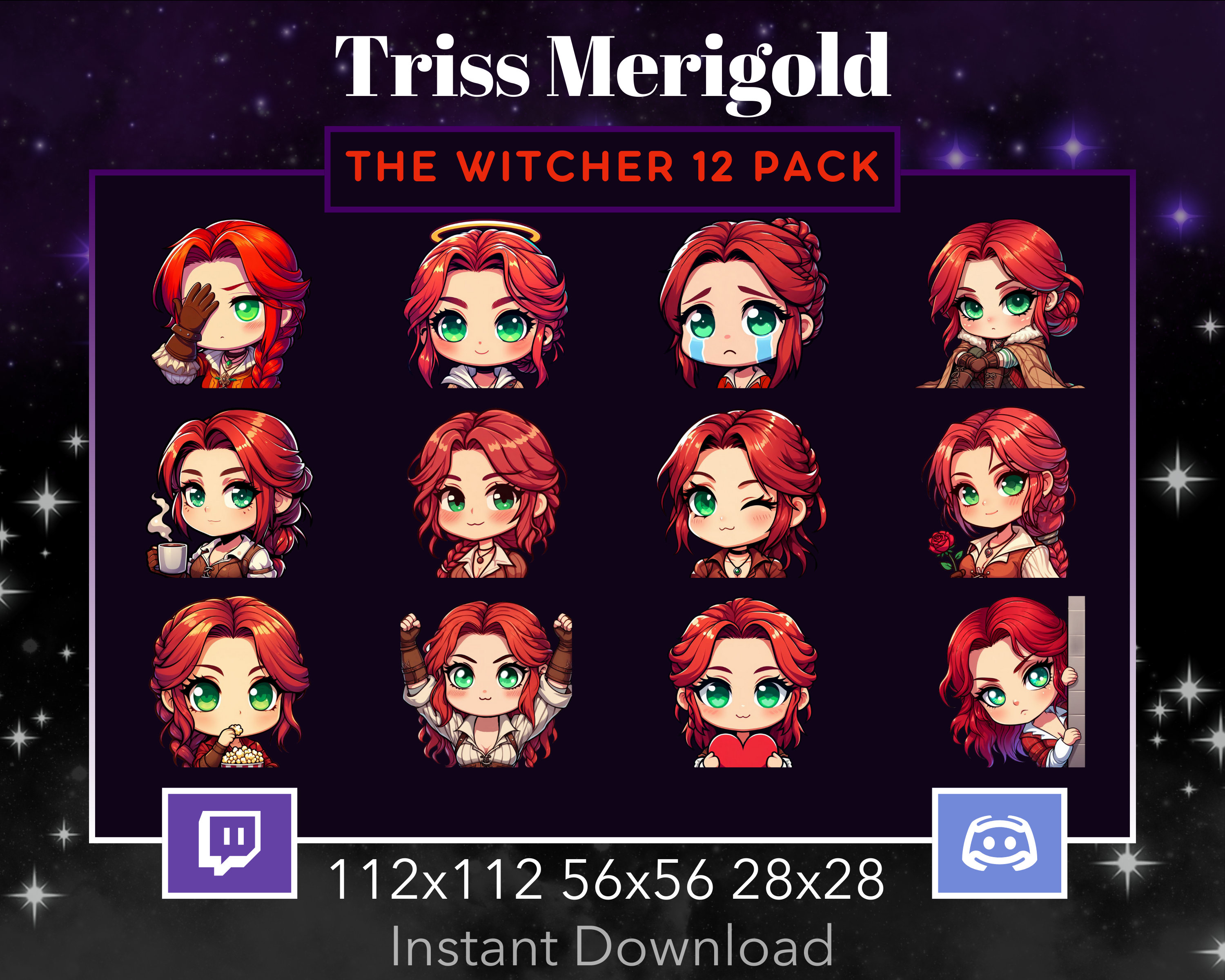 The Witcher Triss 12 EMOTE PACK for Twitch, Discord, Youtube, Stream ...