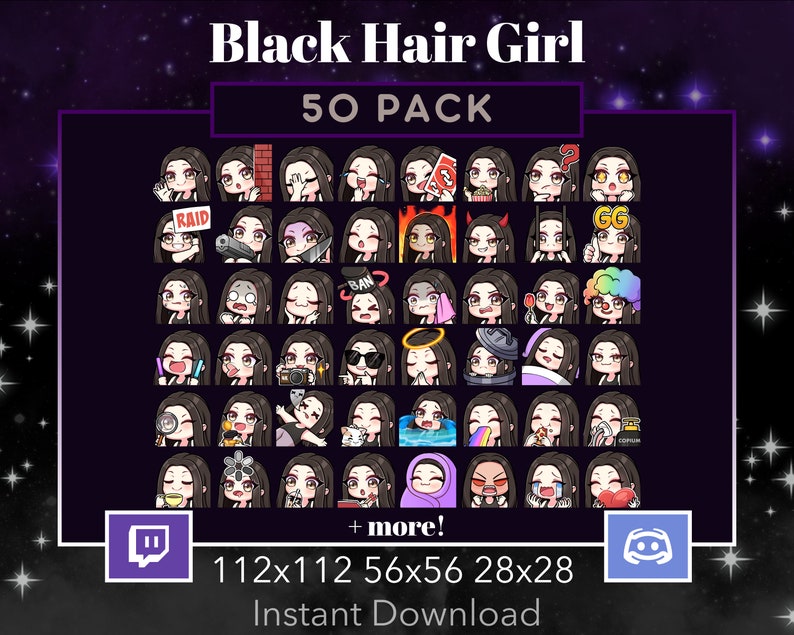 Black Hair, Brown Eyes Girl Emote 50 Pack, Bundle Twitch, Discord ...