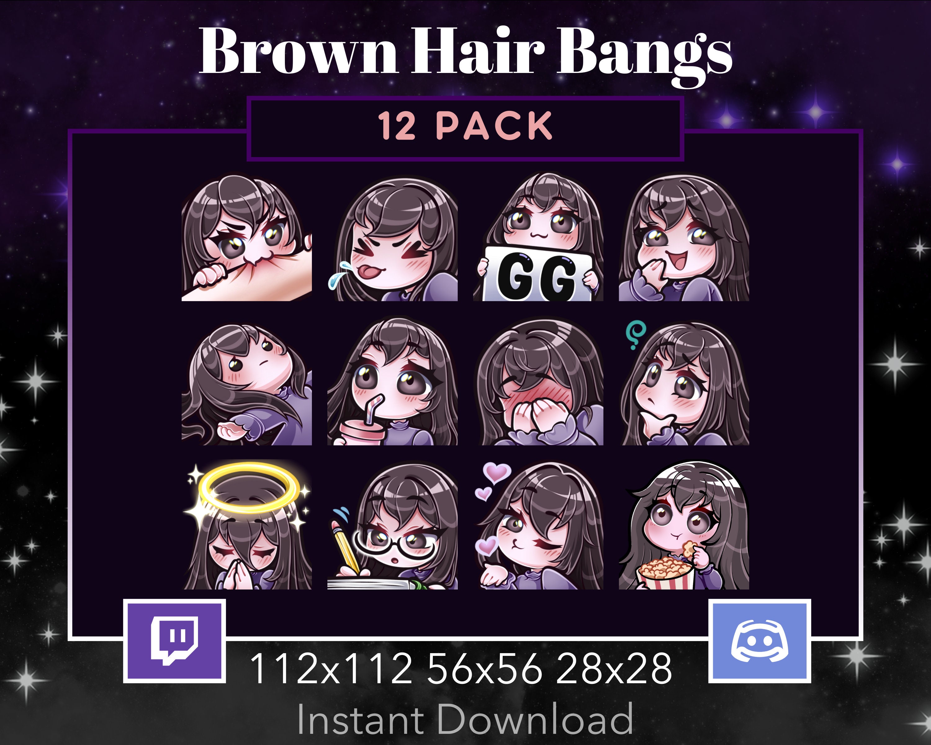 Chibi Girl 12 Brown Hair Pack Set Emote, Twitch, Discord, Stream, Brown ...