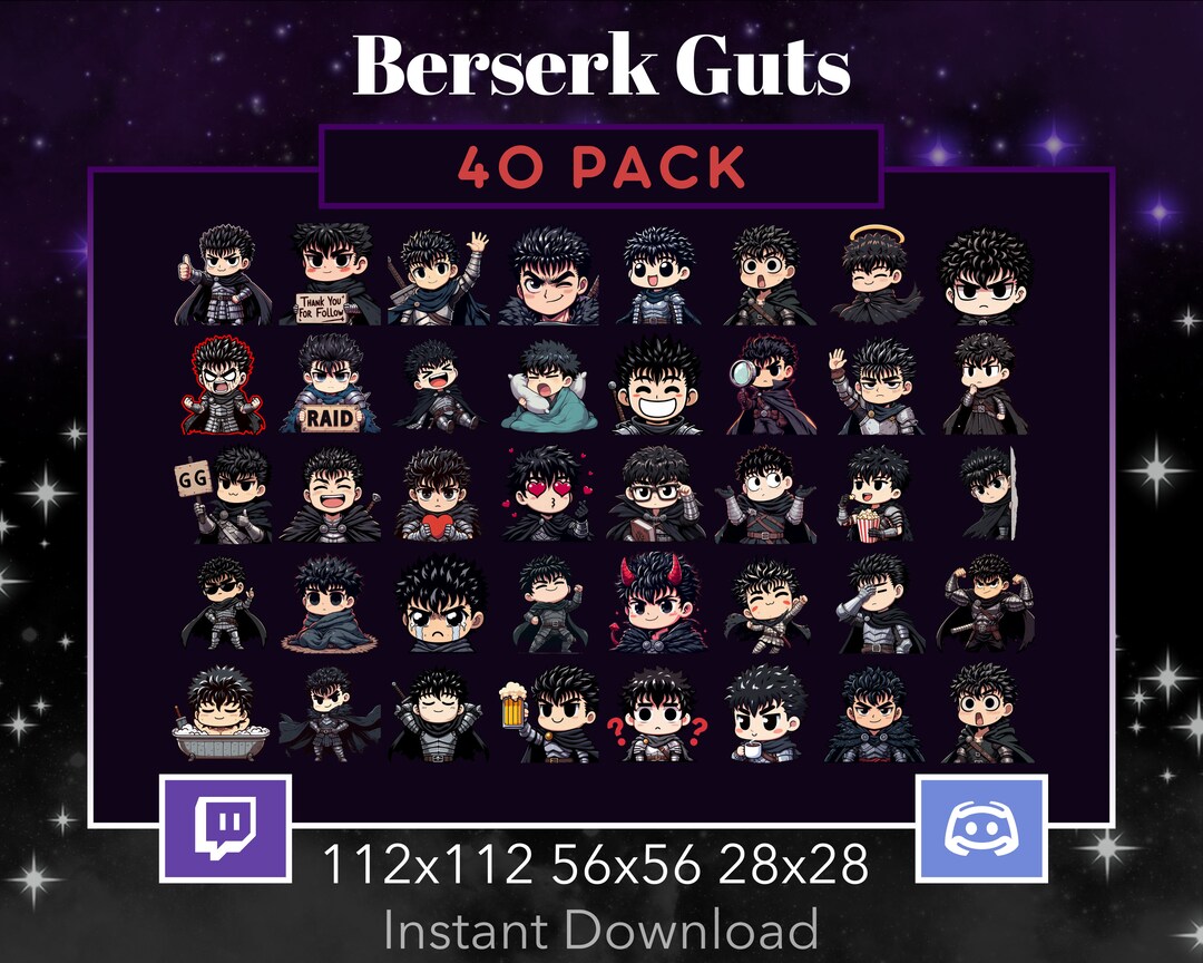 Berserk Guts 40 EMOTE PACK Mangá, Anime, emotes para Twitch, Discord ...