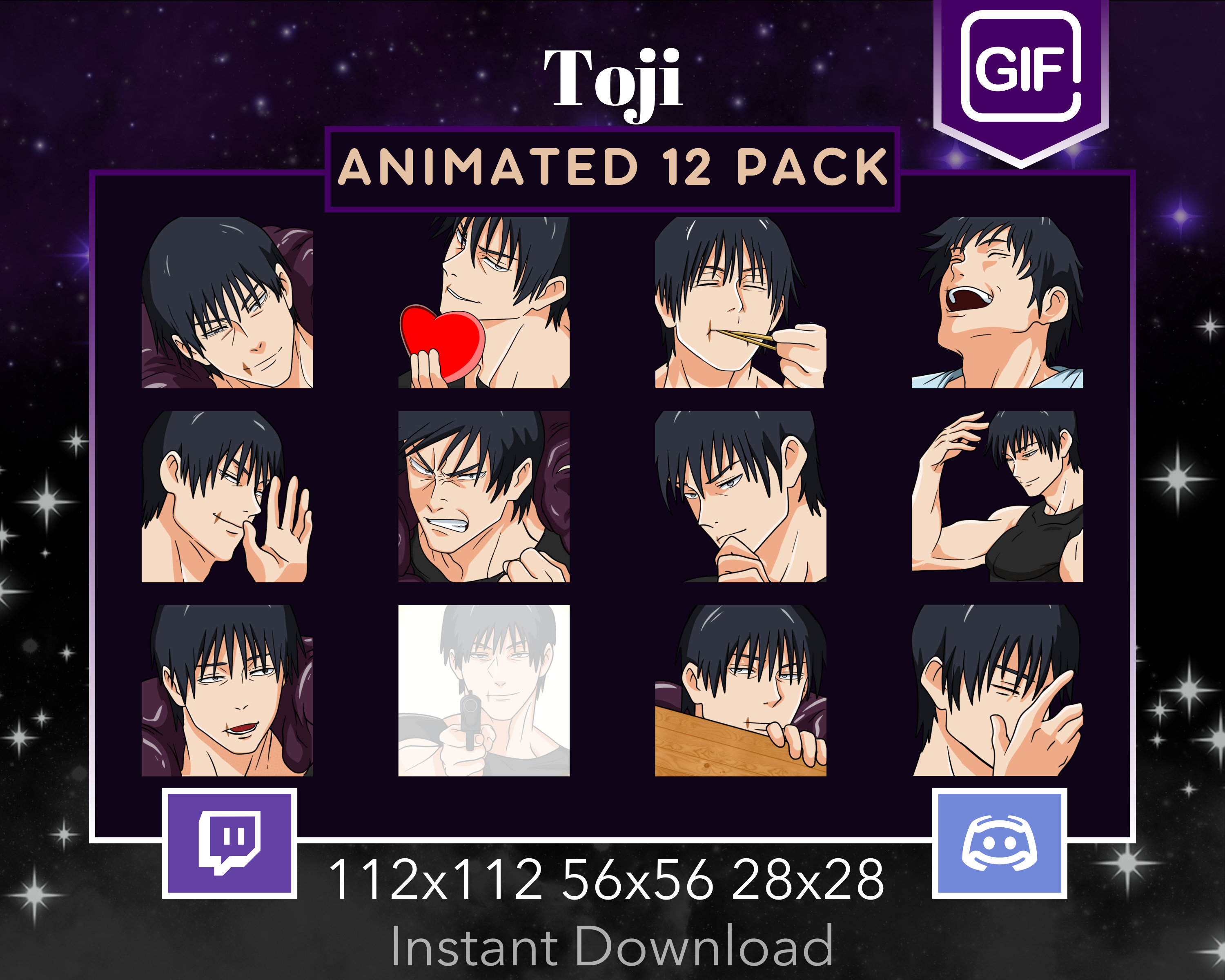 Animated Toji Emote 12 Pack, Bundle for Twitch, Discord. Anime, Manga ...