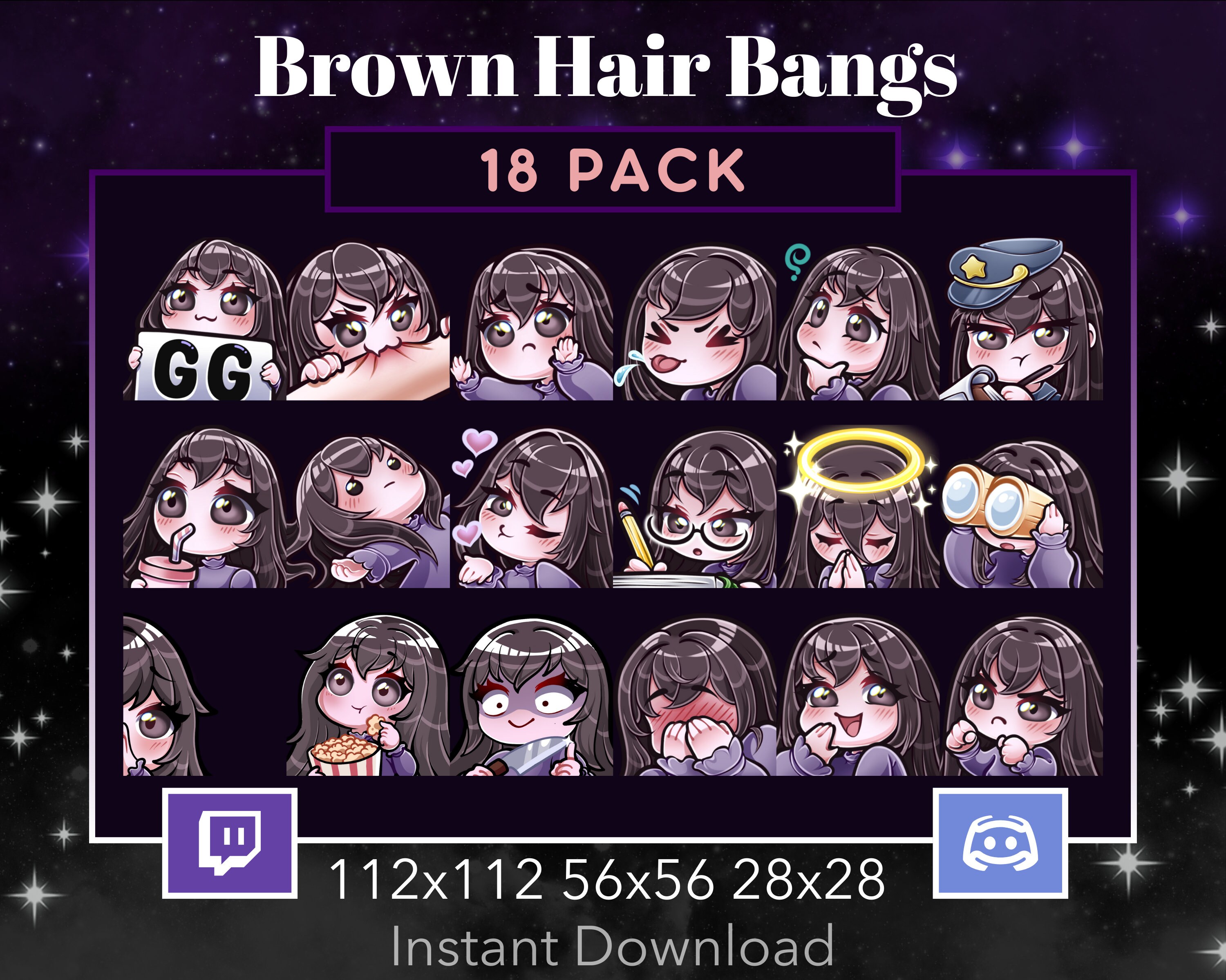 Chibi Girl 18 Brown Hair Pack Set Emote, Twitch, Discord, Stream, Brown ...
