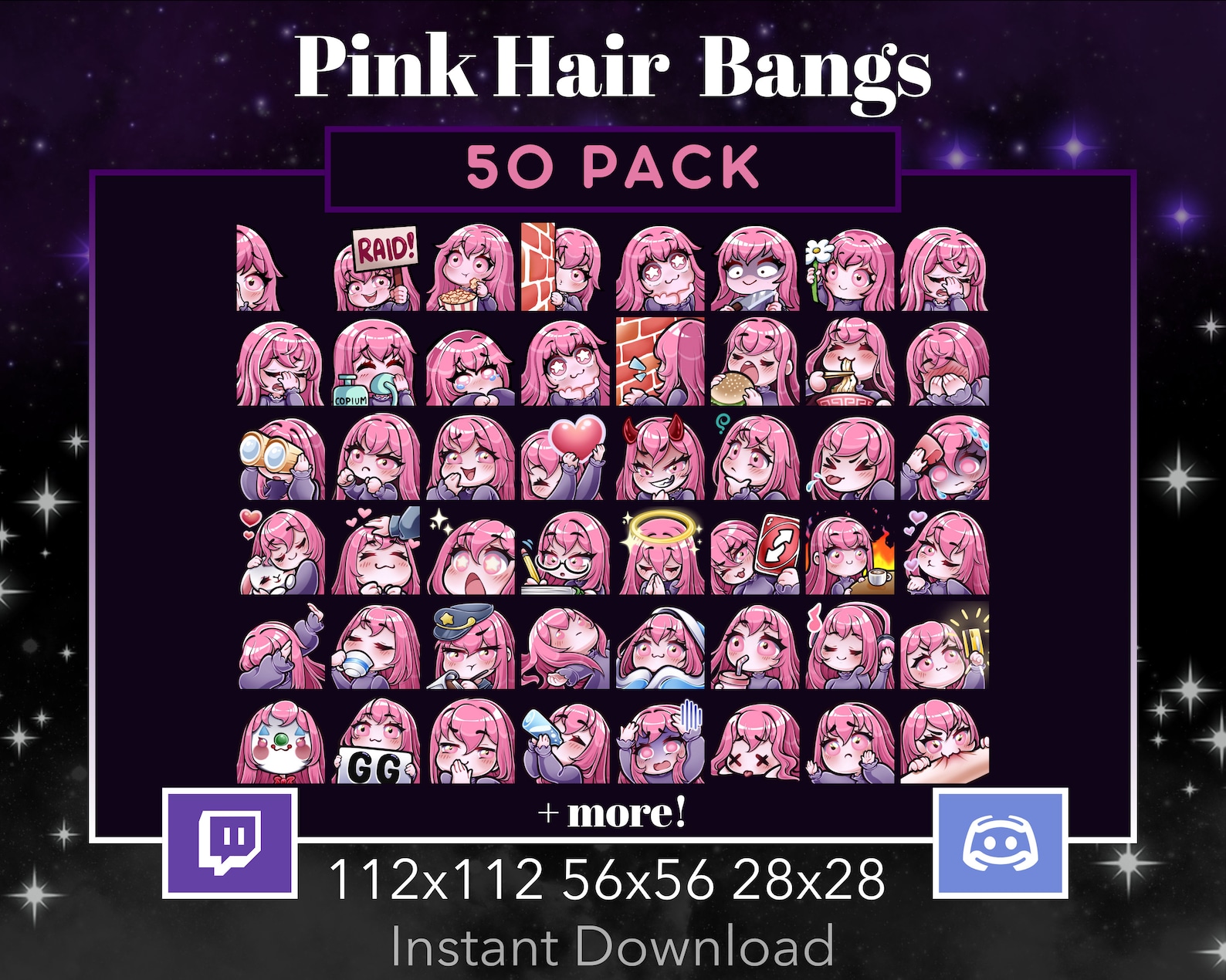 Chibi Girl 50 Pack Set Emote, Twitch, Discord, Stream, Pink Hair, Pink ...