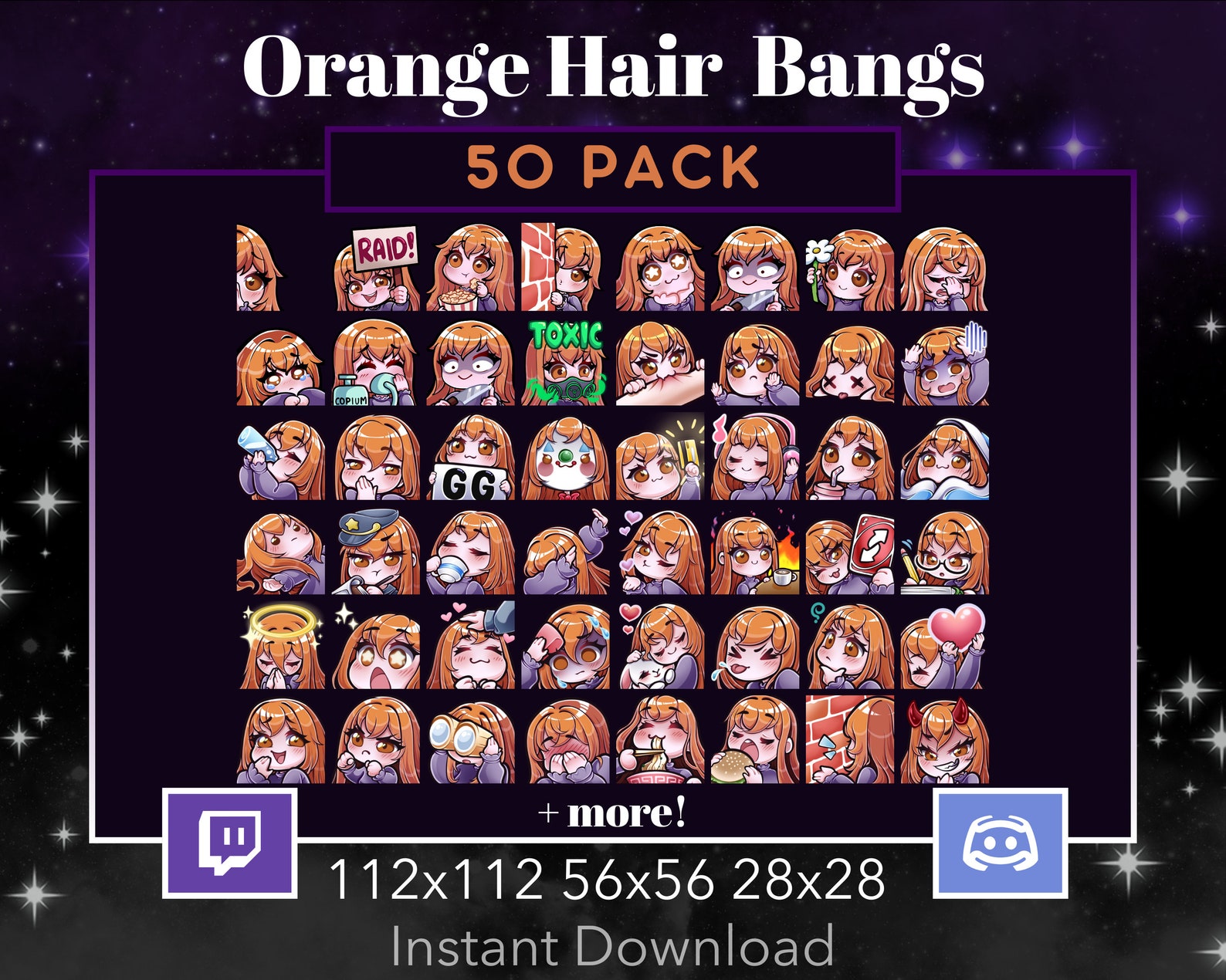 Chibi Girl 50 Pack Set Emote, Twitch, Discord, Stream, Orange Ginger ...