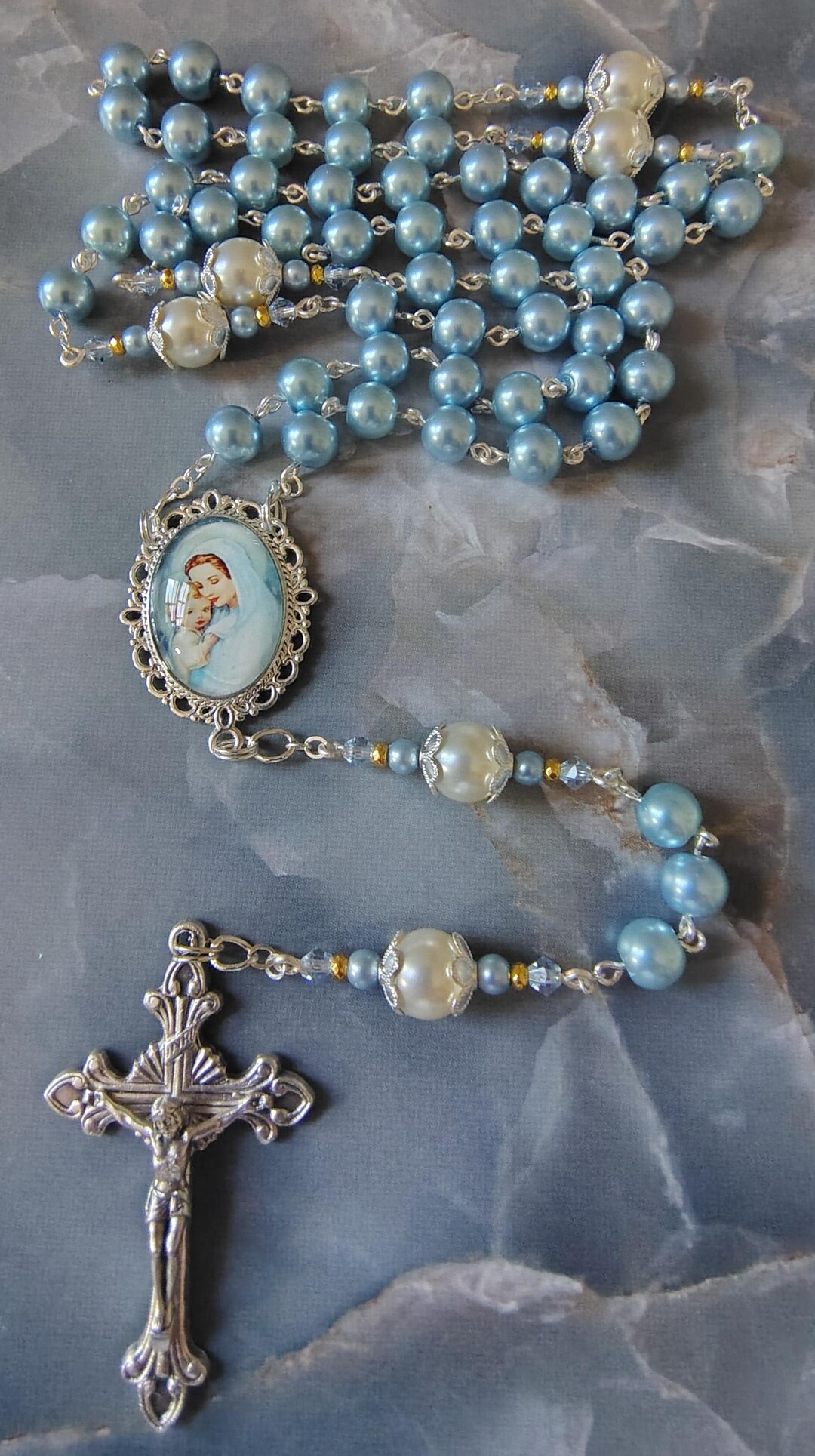 Sky Blue Pearl Glass Bead Rosary: Madonna & Child Catholic Gift - Etsy