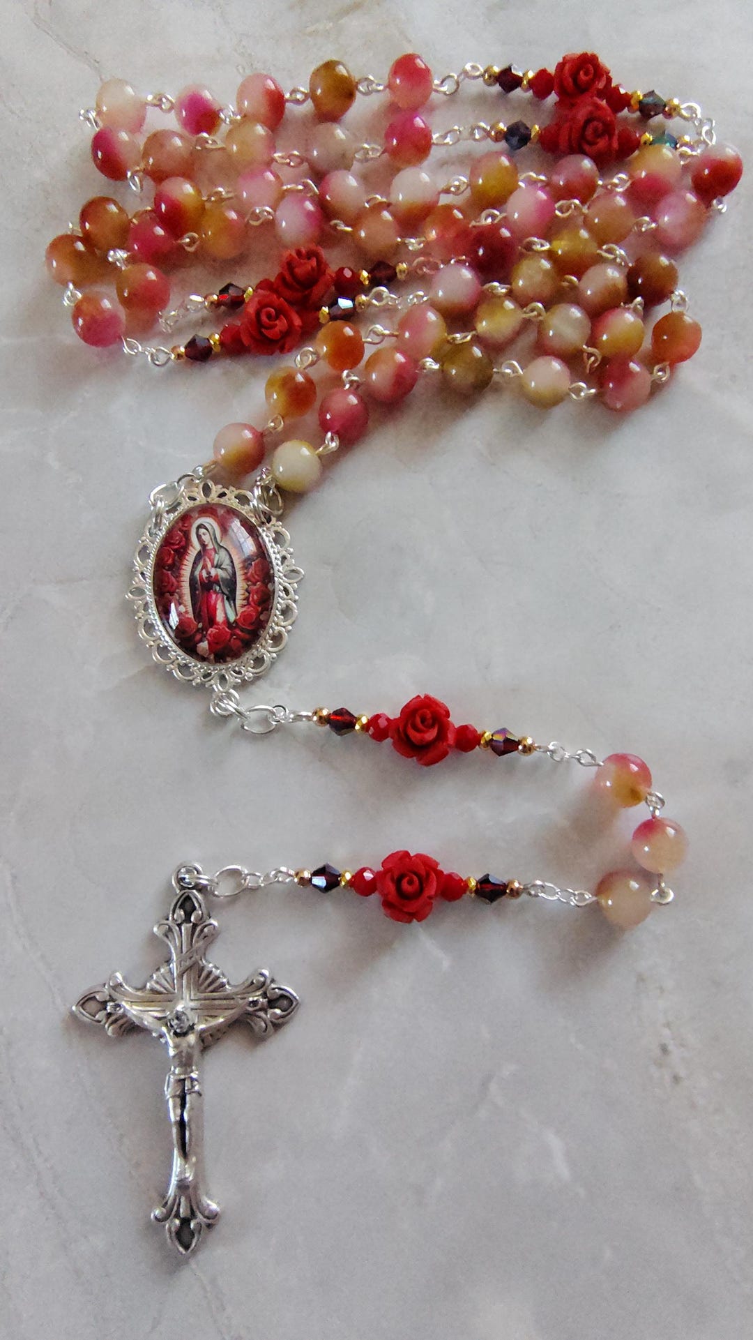 Our Lady of Guadalupe Rosary: Rose Jasper Beads, Italian Crucifix - Etsy