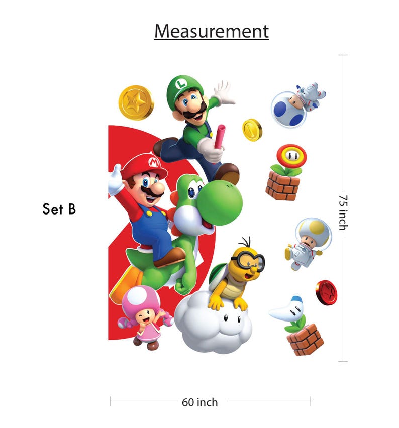 Super Mario Wall Decal Luigi Wall Sticker Bros Game Wall Mural Bowser ...
