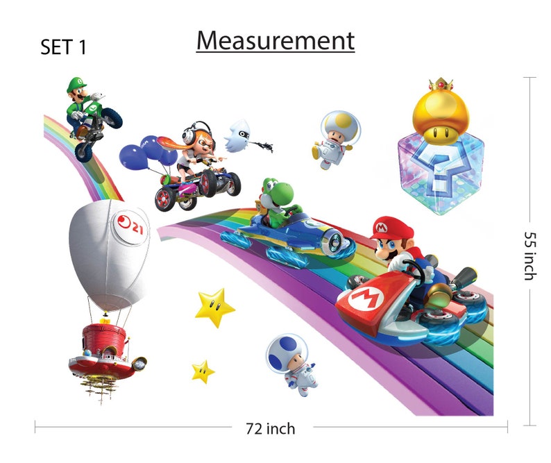 Rainbow Super Mario Kart Wall Decal Mario Wall Sticker Luigi Wall Decal ...